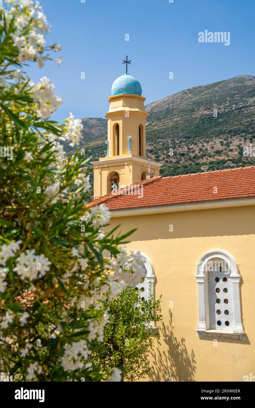 View of Church of Agia Efimia bell tower in Agia Effimia, Kefalonia ...