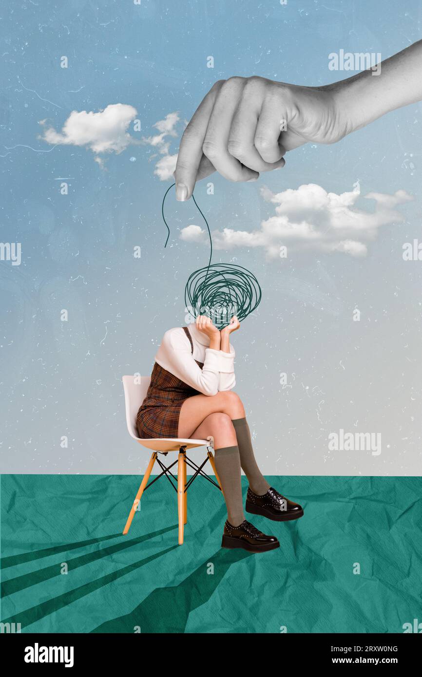 Poster collage banner of faceless weird lady with mess lines suffer ...