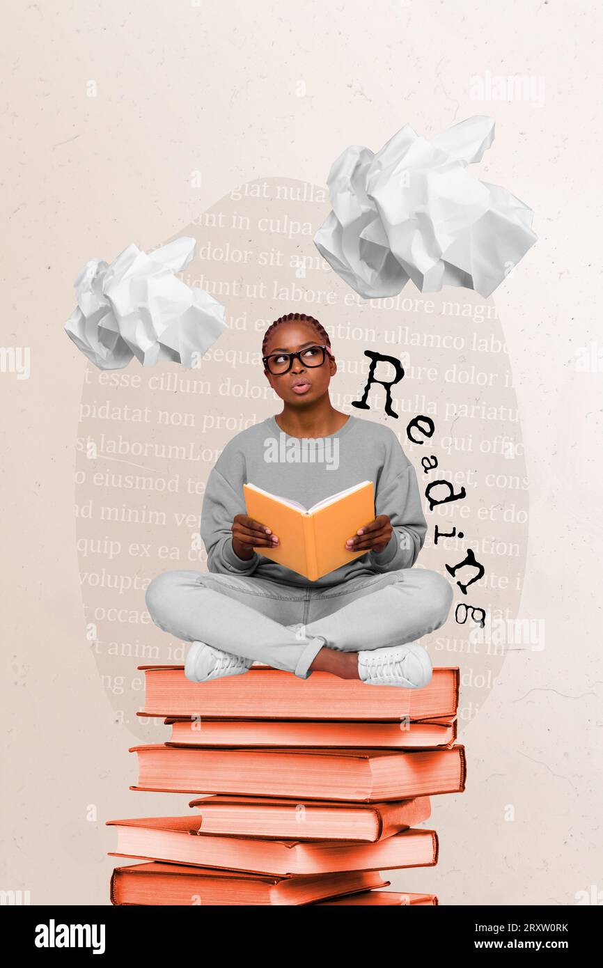 Creative magazine collage template of serious minded lady sitting pile ...