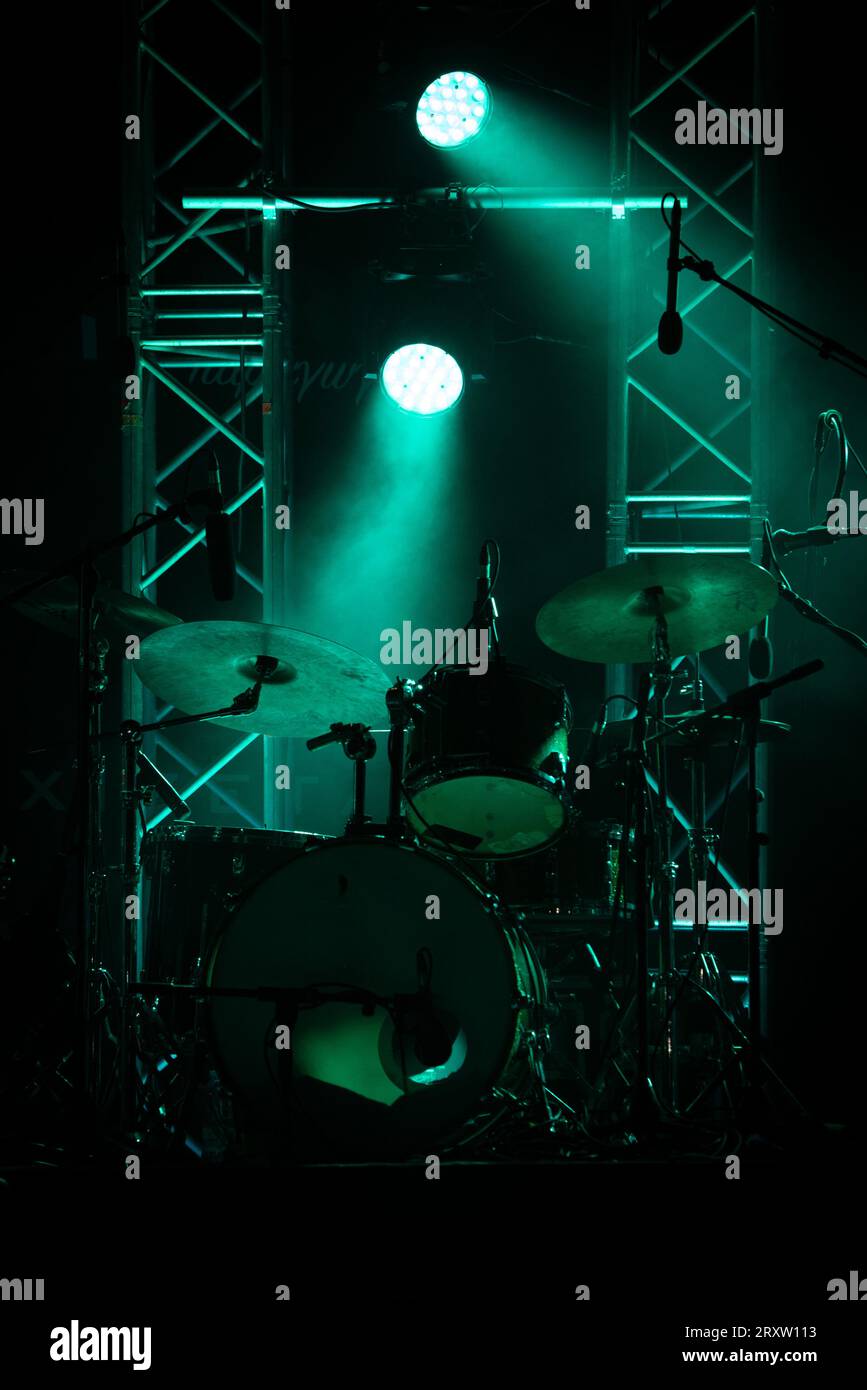 concert stage on rock festival, music instruments drum silhouettes ...