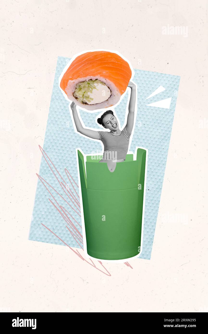 Poster banner collage of happy excited lady feel hungry order takeaway ...