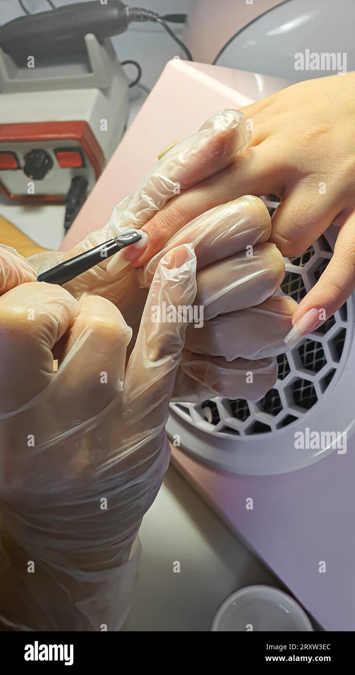 Manicure and nail extensions with acrylic and gel. The design is made ...