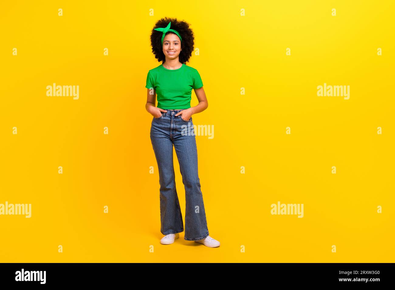 Full size portrait of cool lovely person put hands pockets posing empty ...