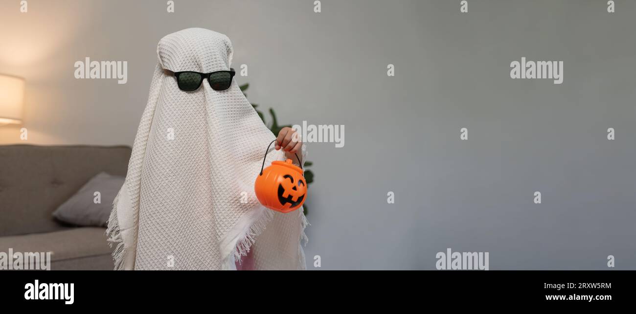 Funny Halloween Kid Concept, little cute child with white dressed ...