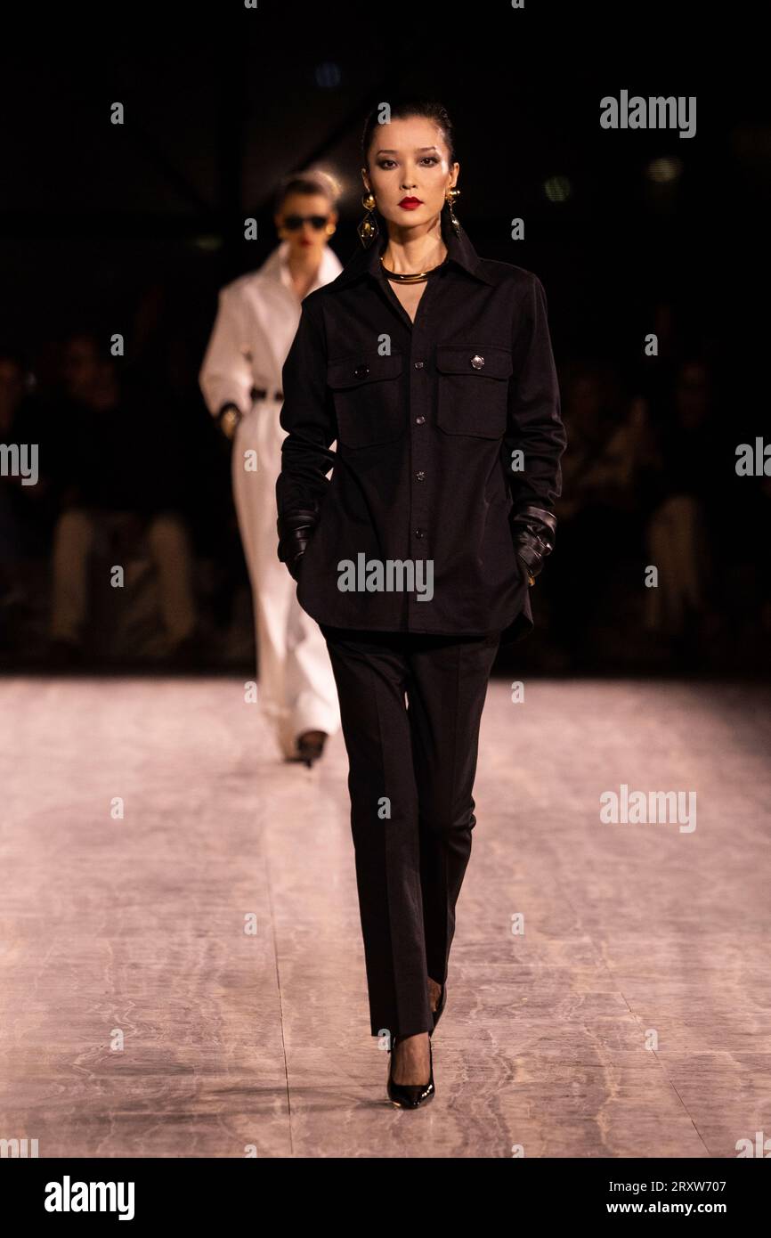 A model wears a creation for the Yves Saint Laurent Spring/Summer 2024 ...