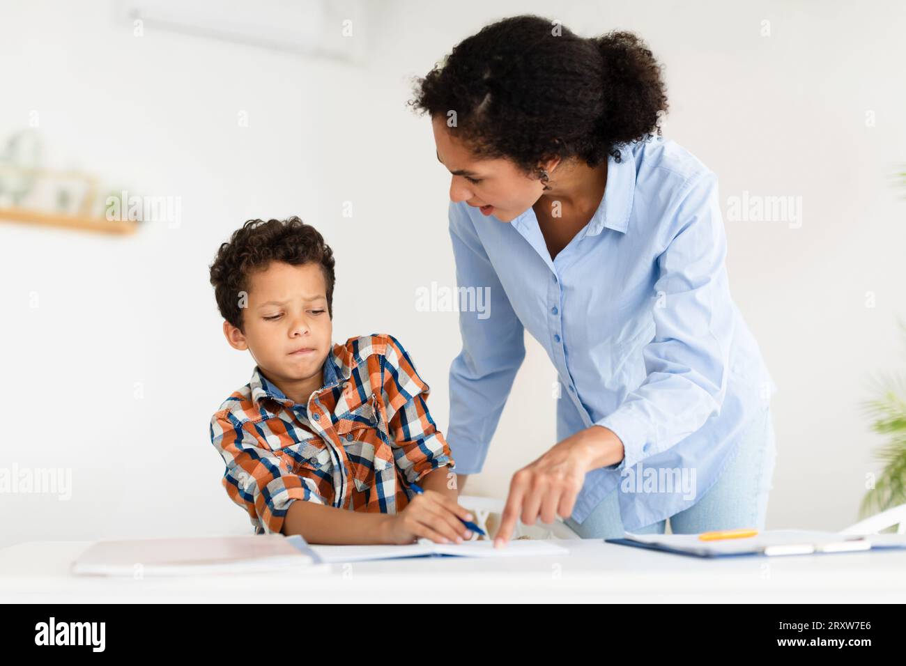 Angry Strict Teacher Lady Scolding Schoolboy Pointing At Copybook ...