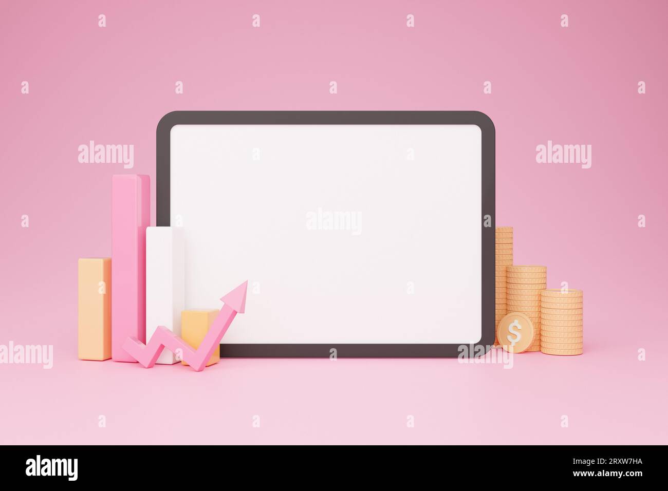 Tablet with empty display, charts for stock exchanges, money cash Stock ...