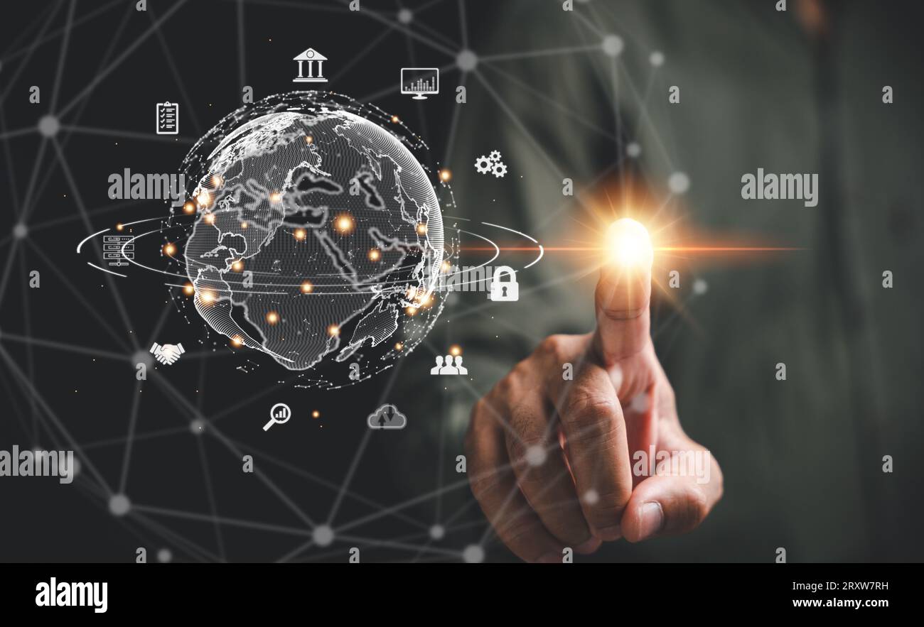 Business people in the stock photo direct their attention to smart ...
