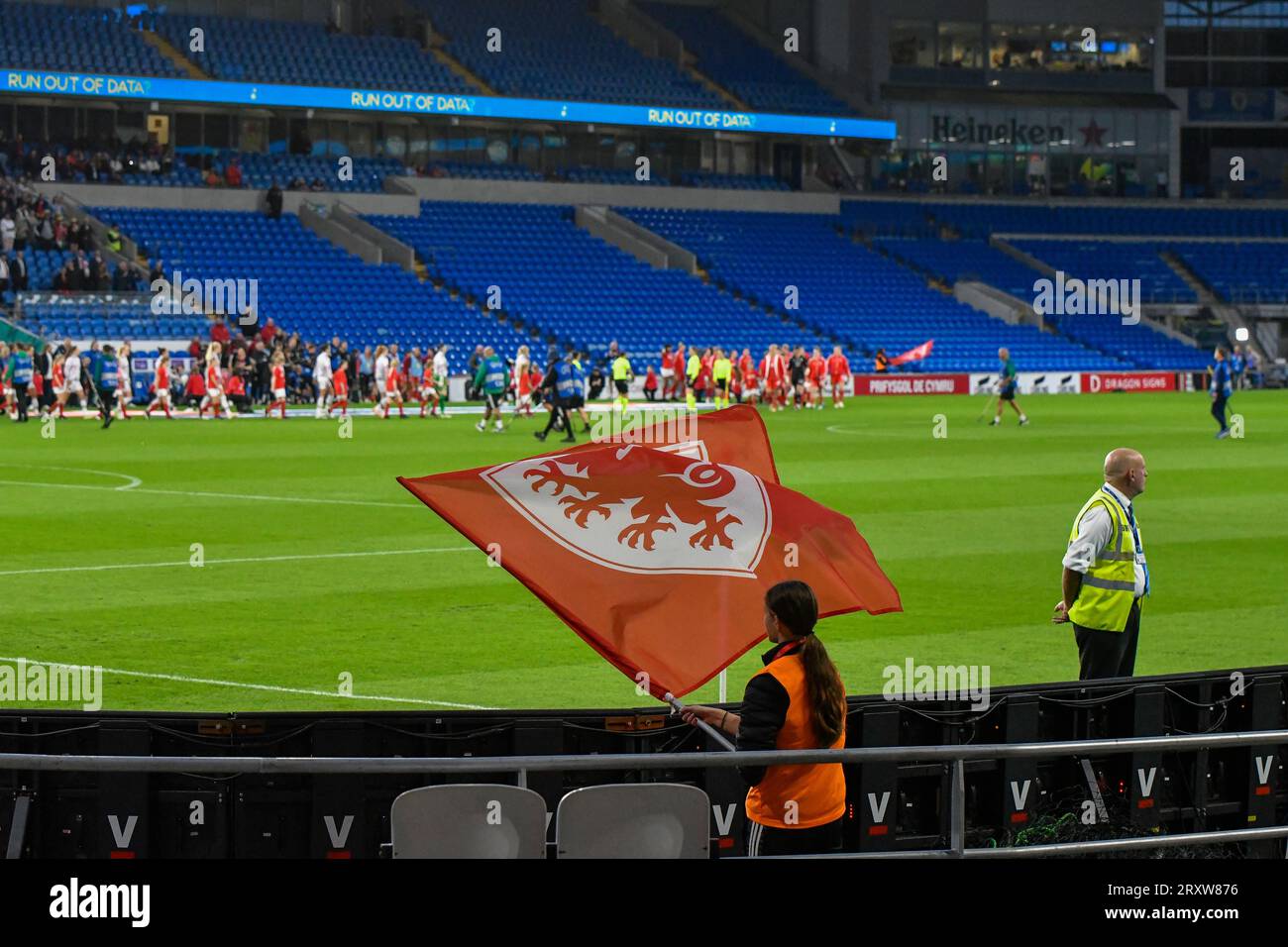 Cardiff, Wales. 26 September 2023. A flag bearer waves an FAW flag as ...