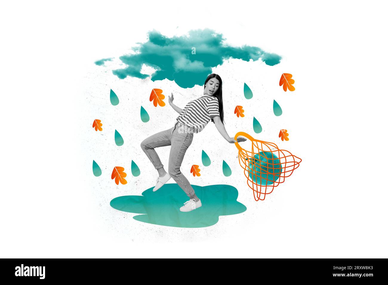 Collage of funny young woman scared huge water puddle rainy weather ...