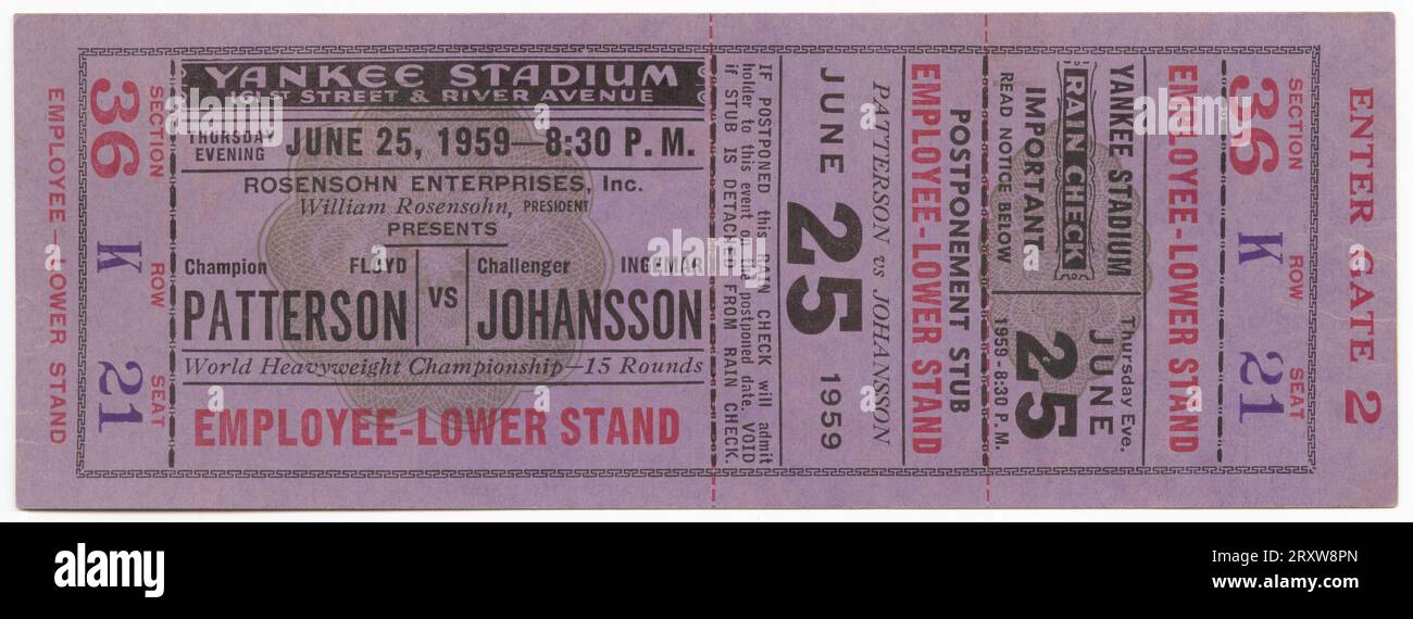 Ticket to a boxing match between Floyd Patterson and Ingemar Johansson ...