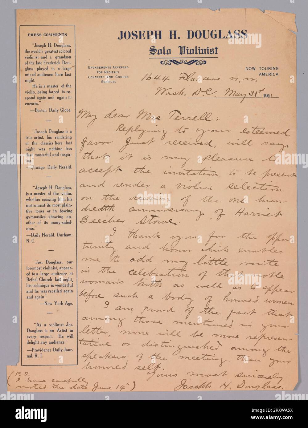 Letter to Mary Church Terrell from Joseph Douglass May 31, 1911 Stock Photo - Alamy