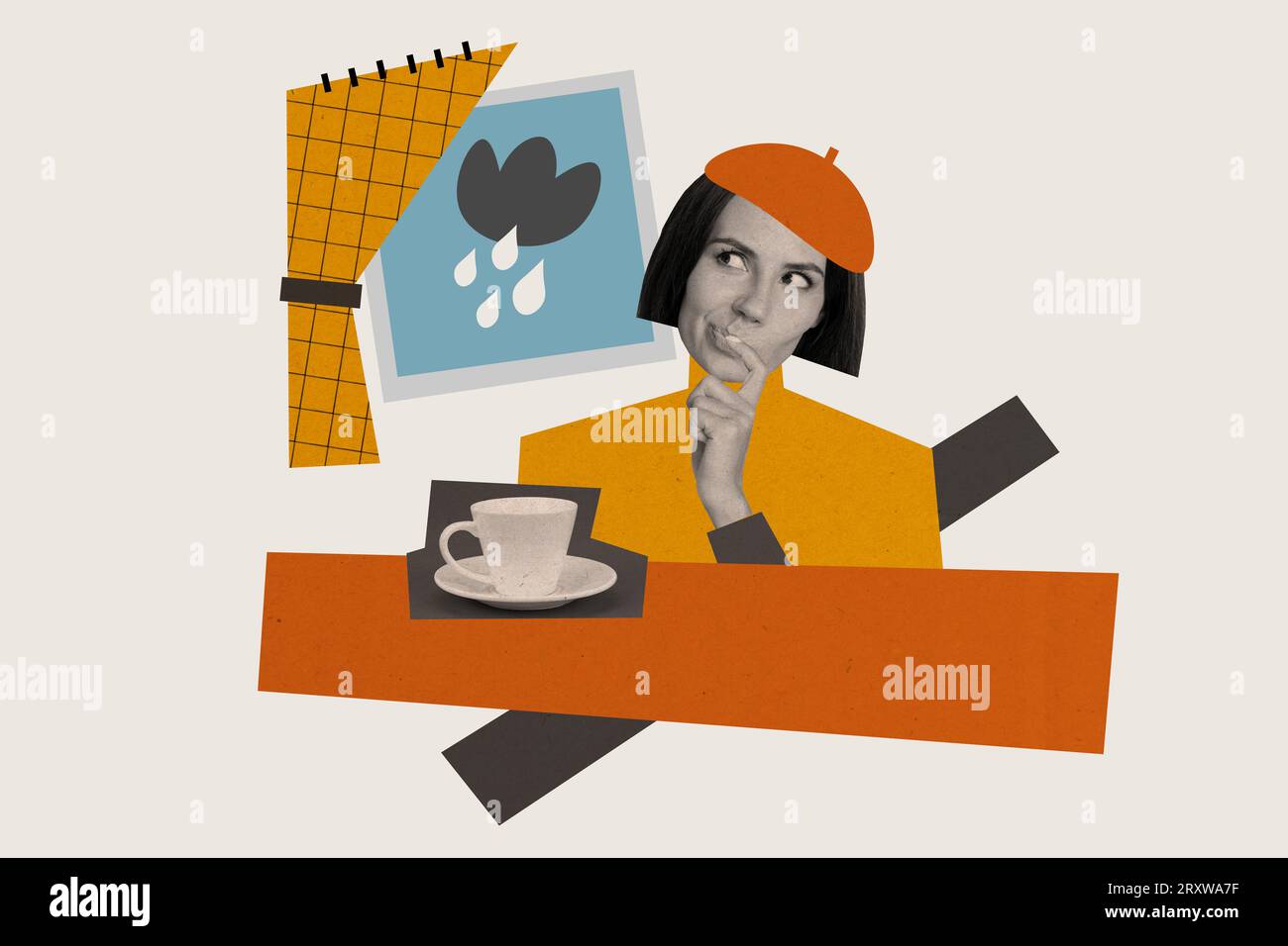 Composite creative photo collage of minded thoughtful woman stay home ...