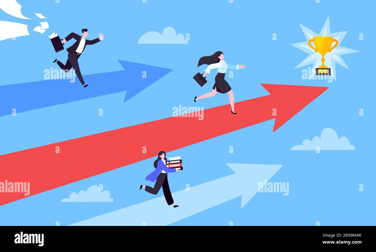 Business career competition with man and woman business persons running ...