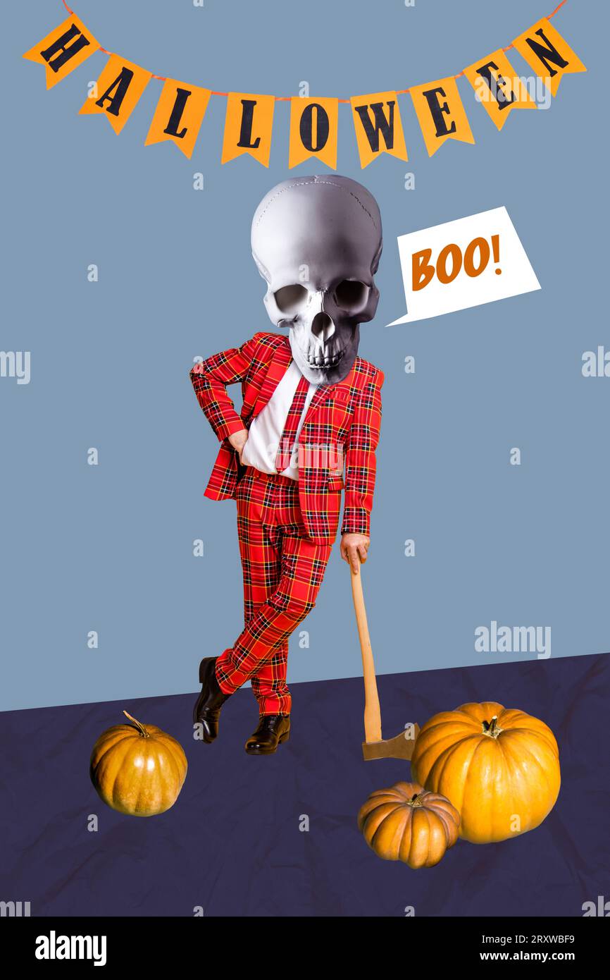 Vertical composite creative photo collage of funny man with skull head ...
