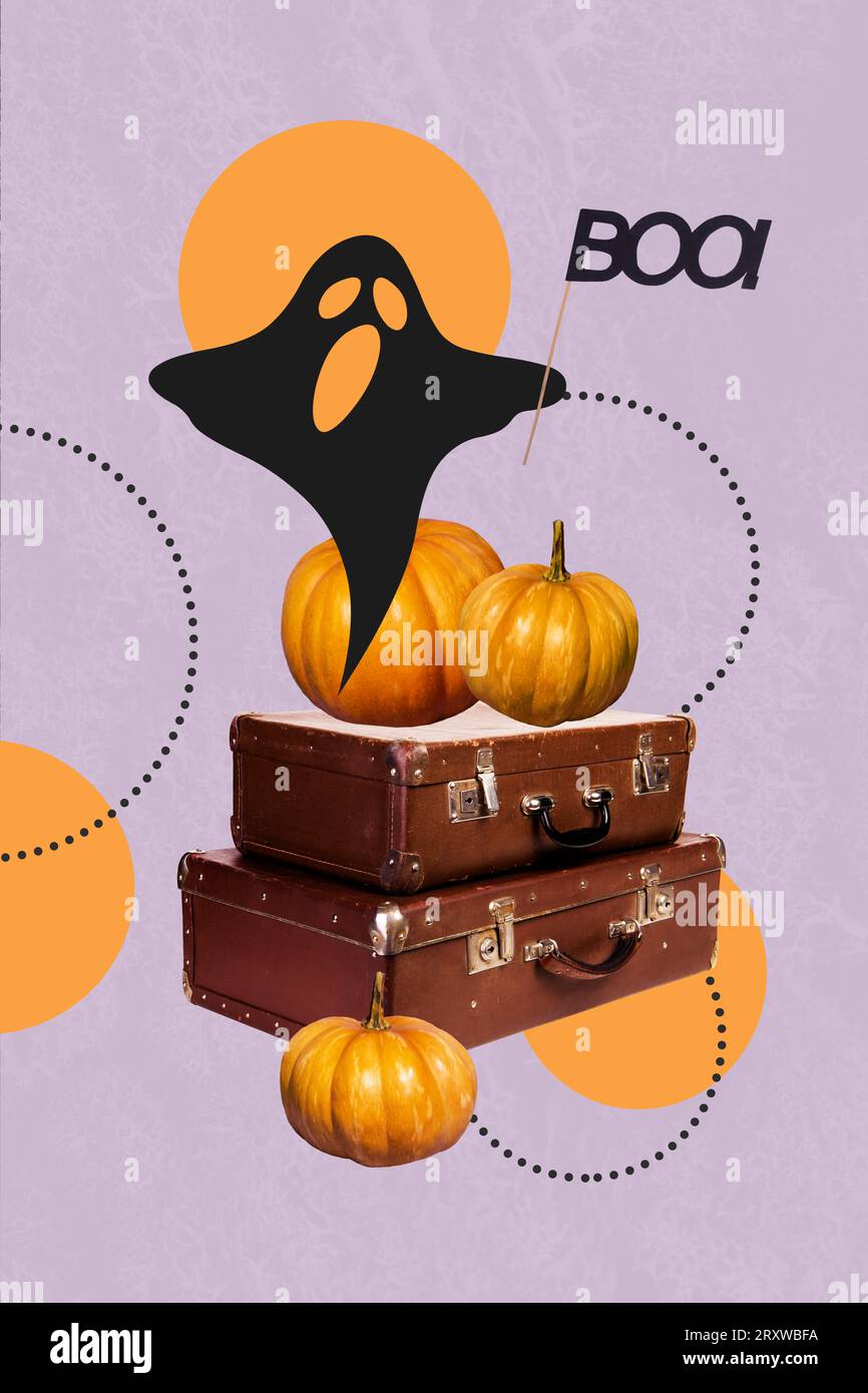 Vertical collage picture of flying terrifying ghost hold boo flag pile ...