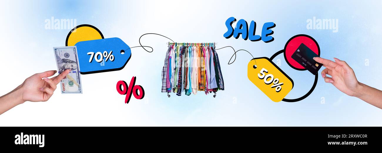 Panorama composite photo abstract collage of people buying clothes in ...