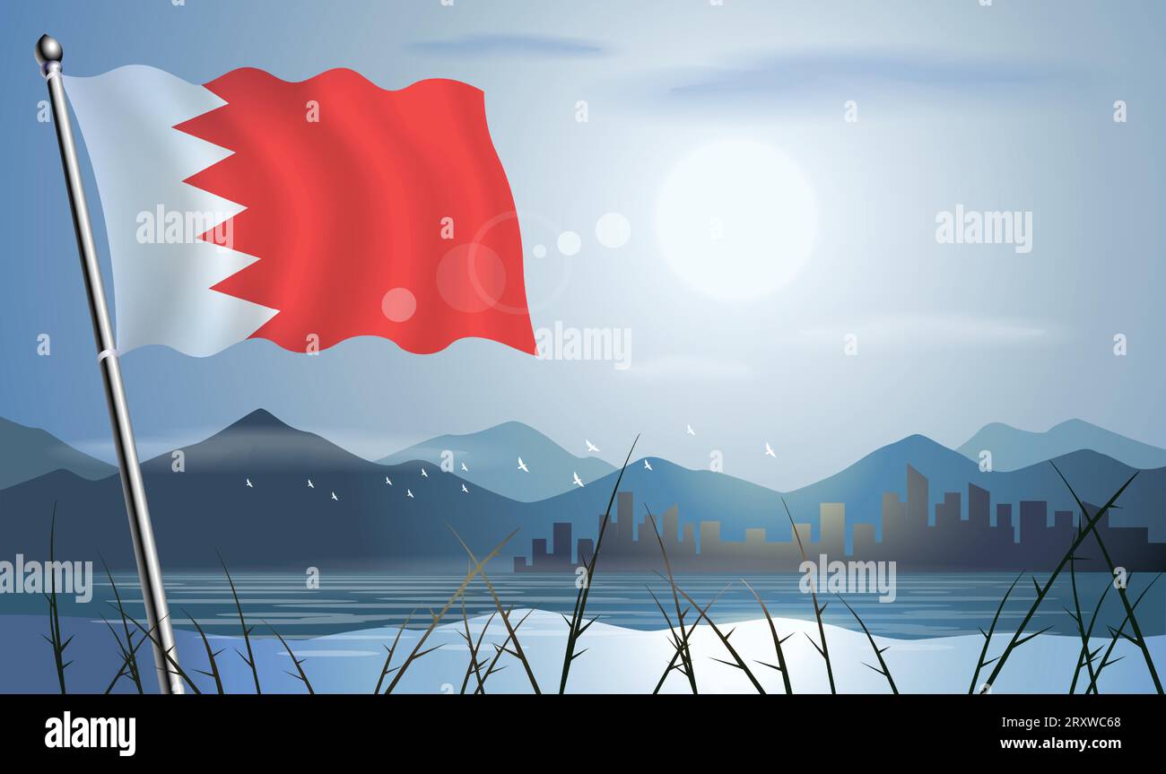 Bahrain flag with sun background of mountains and lakes Stock Vector ...