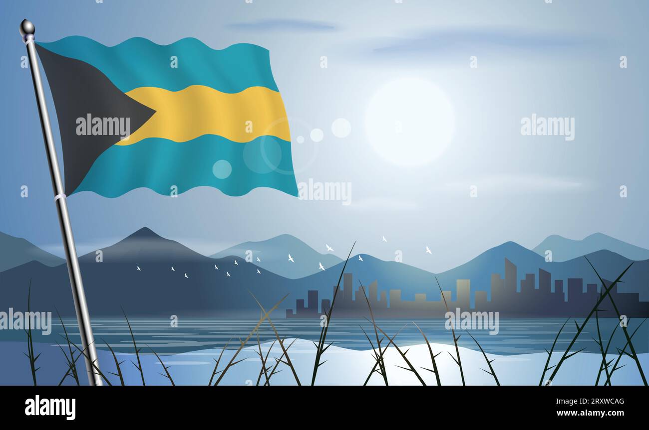 Bahamas flag with sun background of mountains and lakes Stock Vector ...