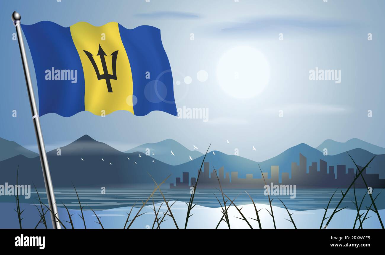 Barbados flag with sun background of mountains and lakes Stock Vector ...