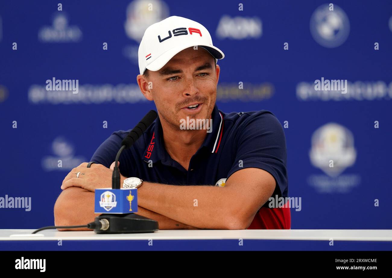 USA's Rickie Fowler during a press conference at the Marco Simone Golf ...