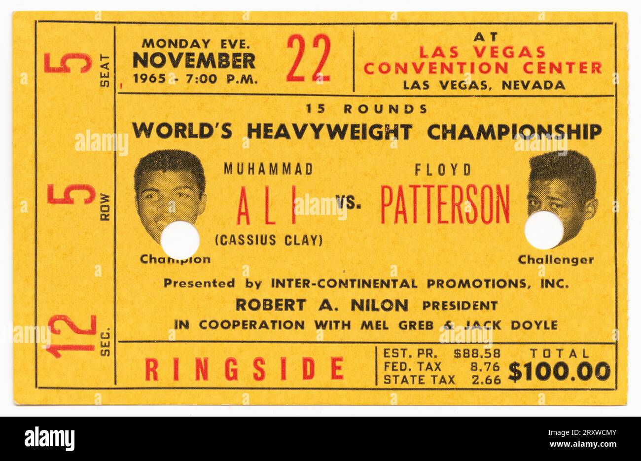 Yellow admission ticket for boxing match between Champion Muhammad Ali ...