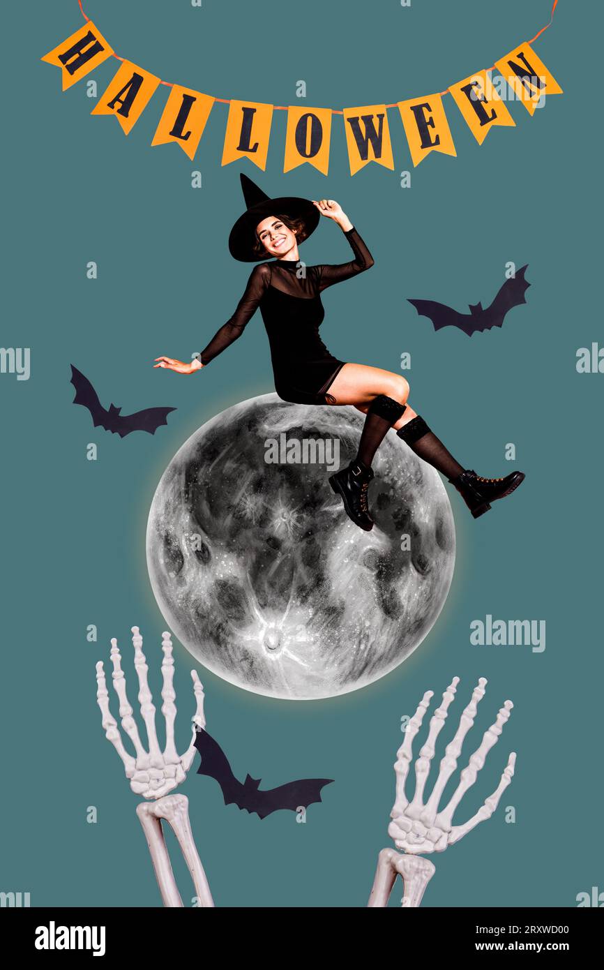 Vertical composite creative artwork photo collage of skeleton arms stretching to positive witch ...