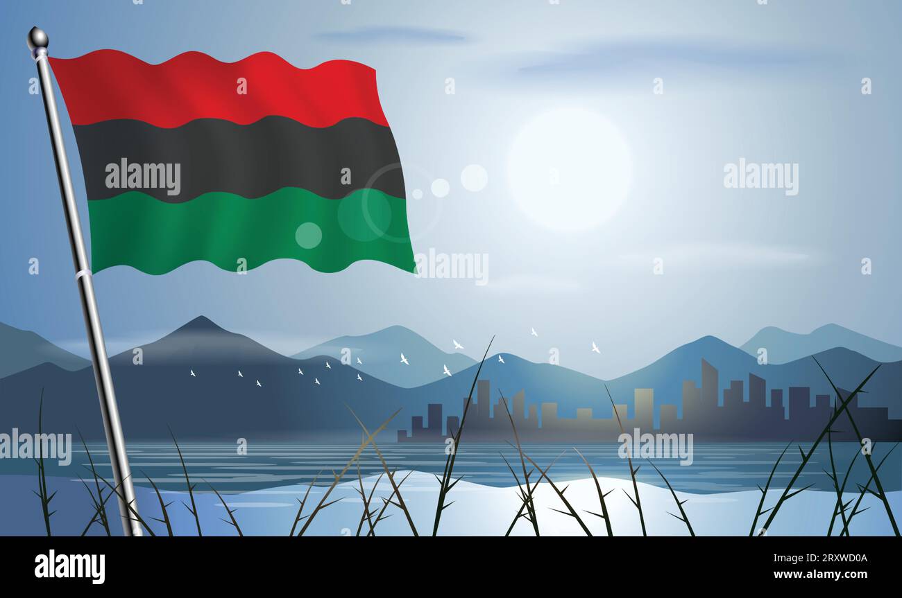 African American flag with sun background of mountains and lakes Stock ...