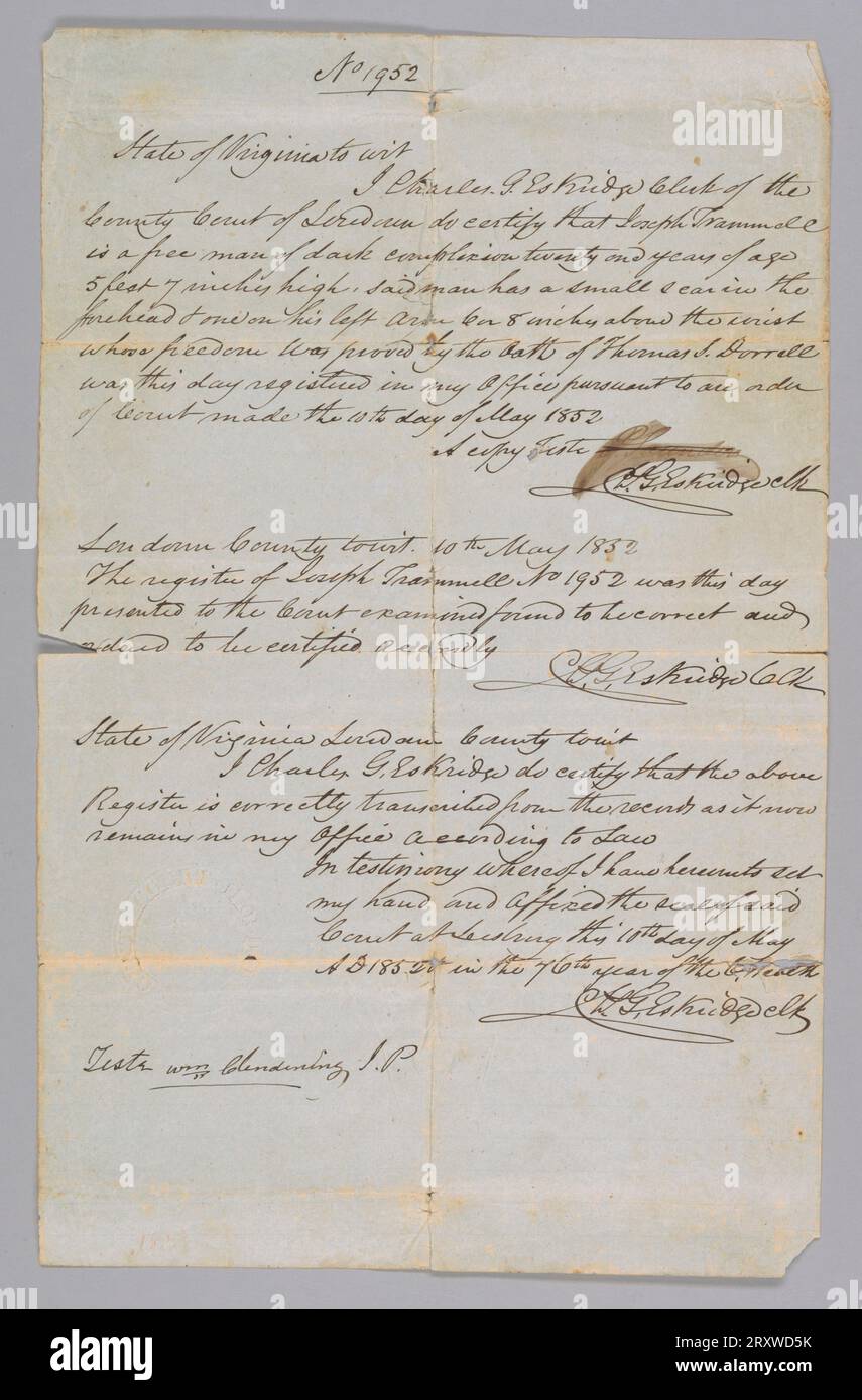 Certificate of Freedom for Joseph Trammell May 10, 1852 Stock Photo - Alamy