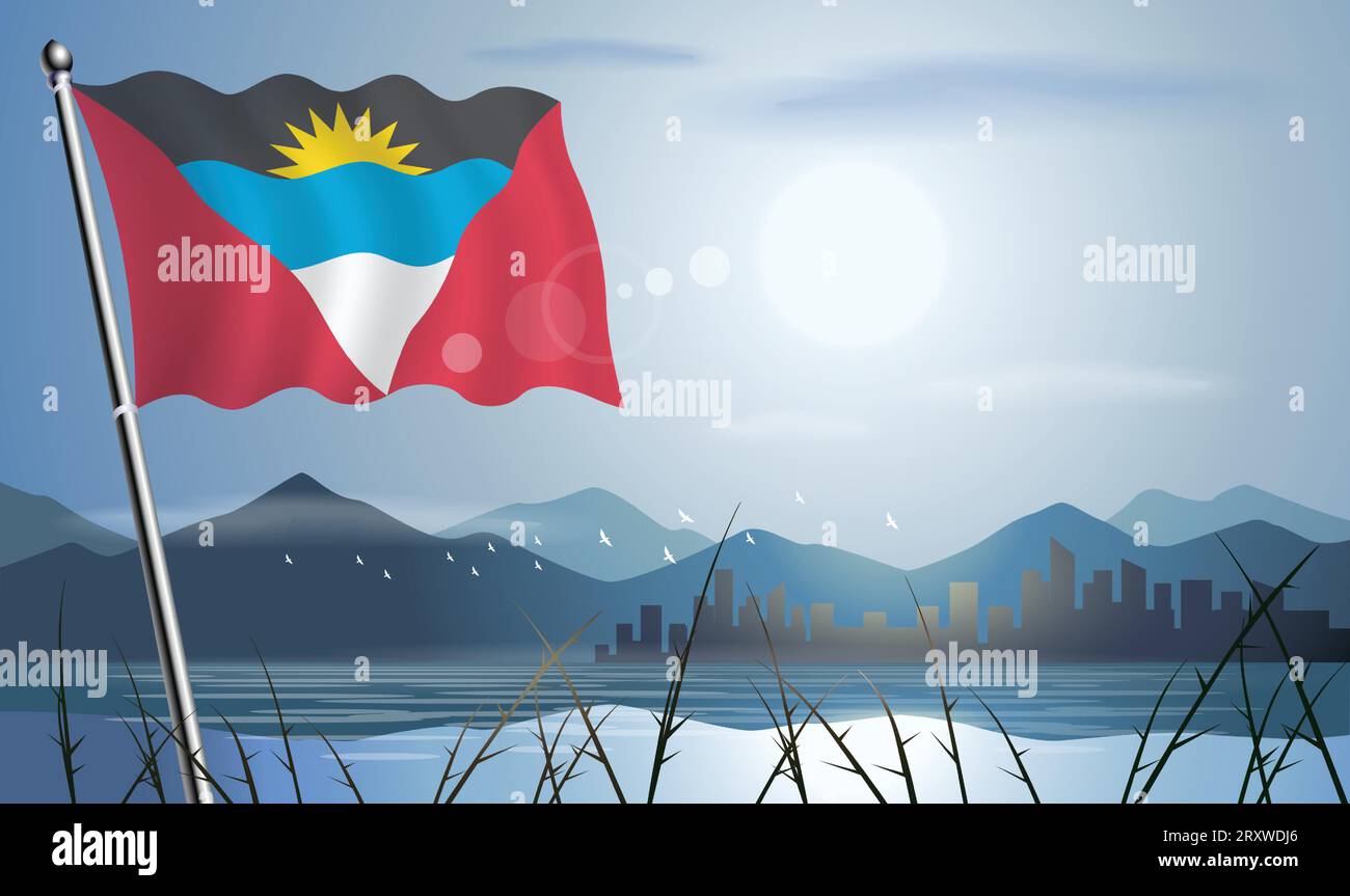 Antigua and Barbuda flag with sun background of mountains and lakes ...