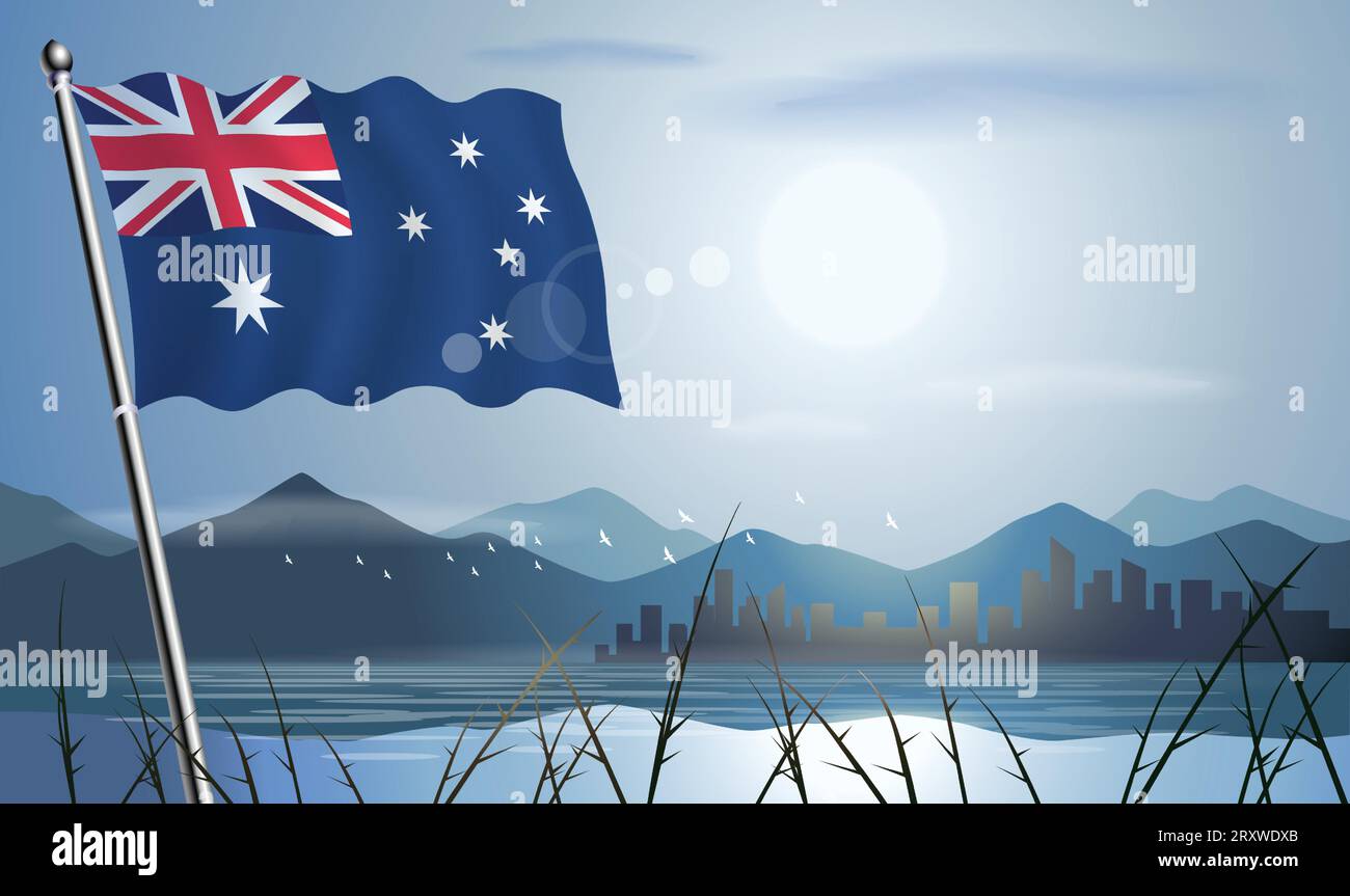 Australia flag with sun background of mountains and lakes Stock Vector ...