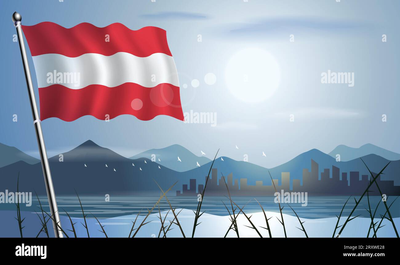 Austria flag with sun background of mountains and lakes Stock Vector ...