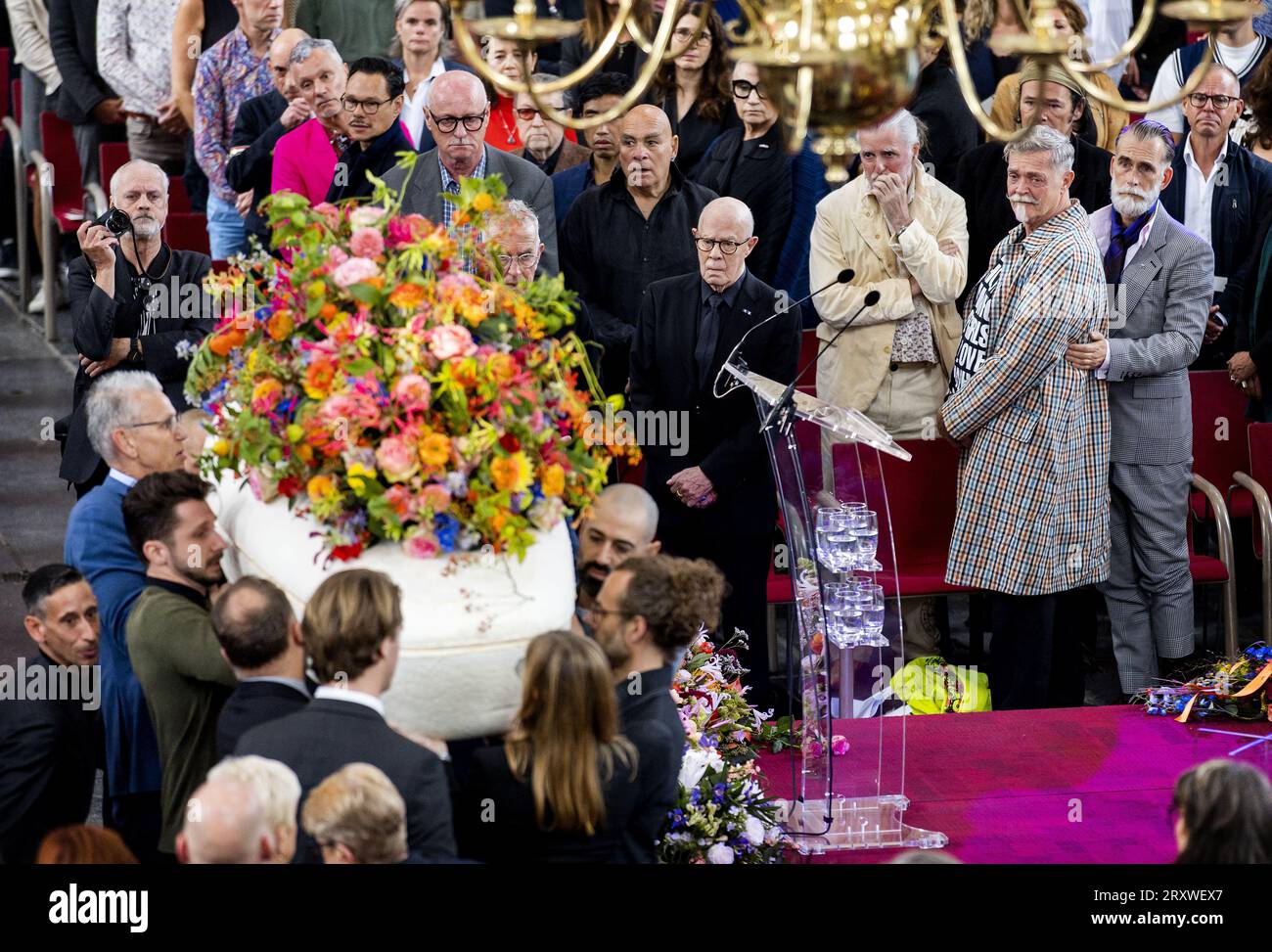 AMSTERDAM - Erwin Olaf's coffin is carried into the Westerkerk prior to ...