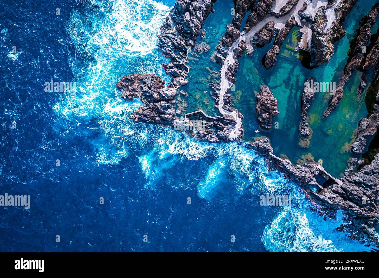 Scenic, beautiful bird's eye view of people swimming in the natural ...