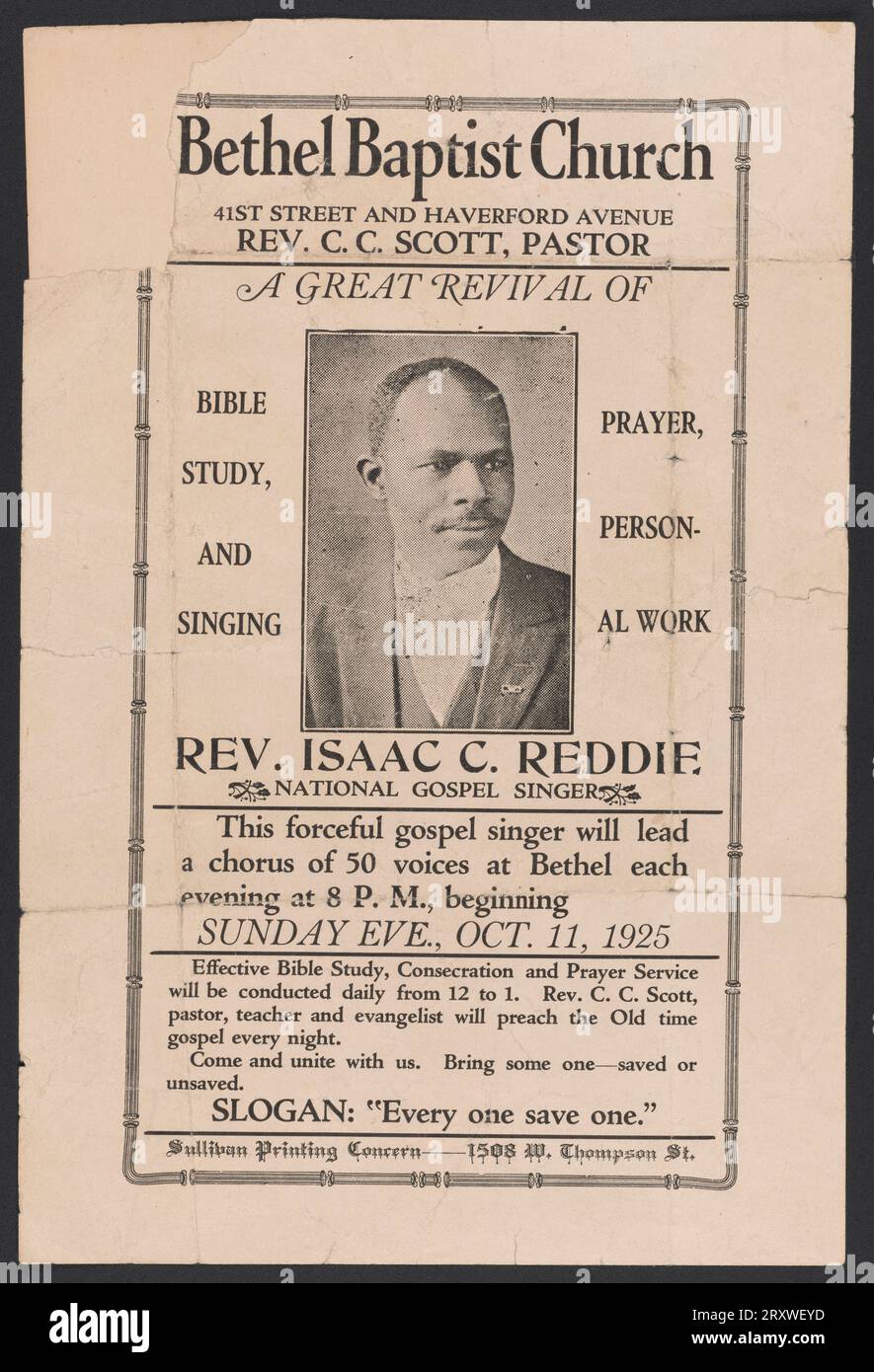 Advertisement card for gospel singer Rev. Isaac C. Reddie 1925 Stock ...