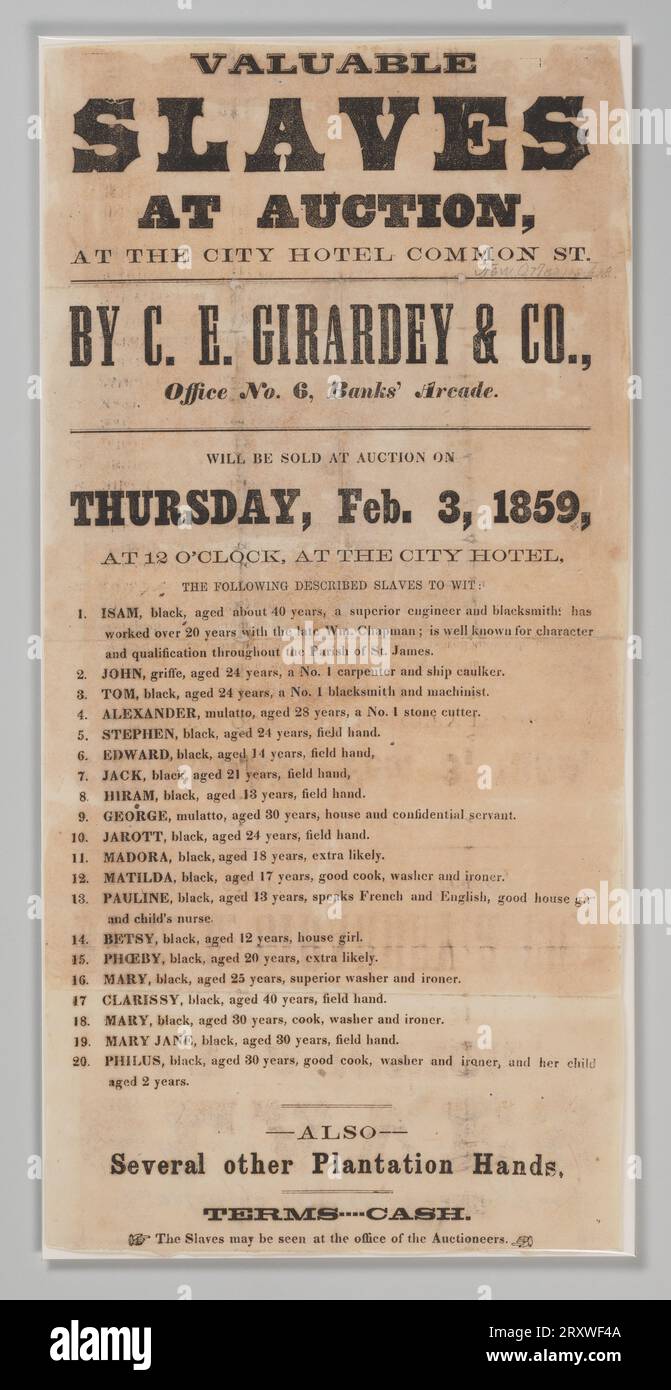 Broadside advertising "Valuable Slaves at Auction" in New Orleans ...