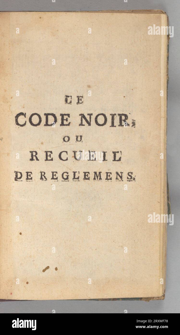 Bound 446 page volume of 1767 "Le Code Noir" or "Black Code" with a red leather spine. The book ...