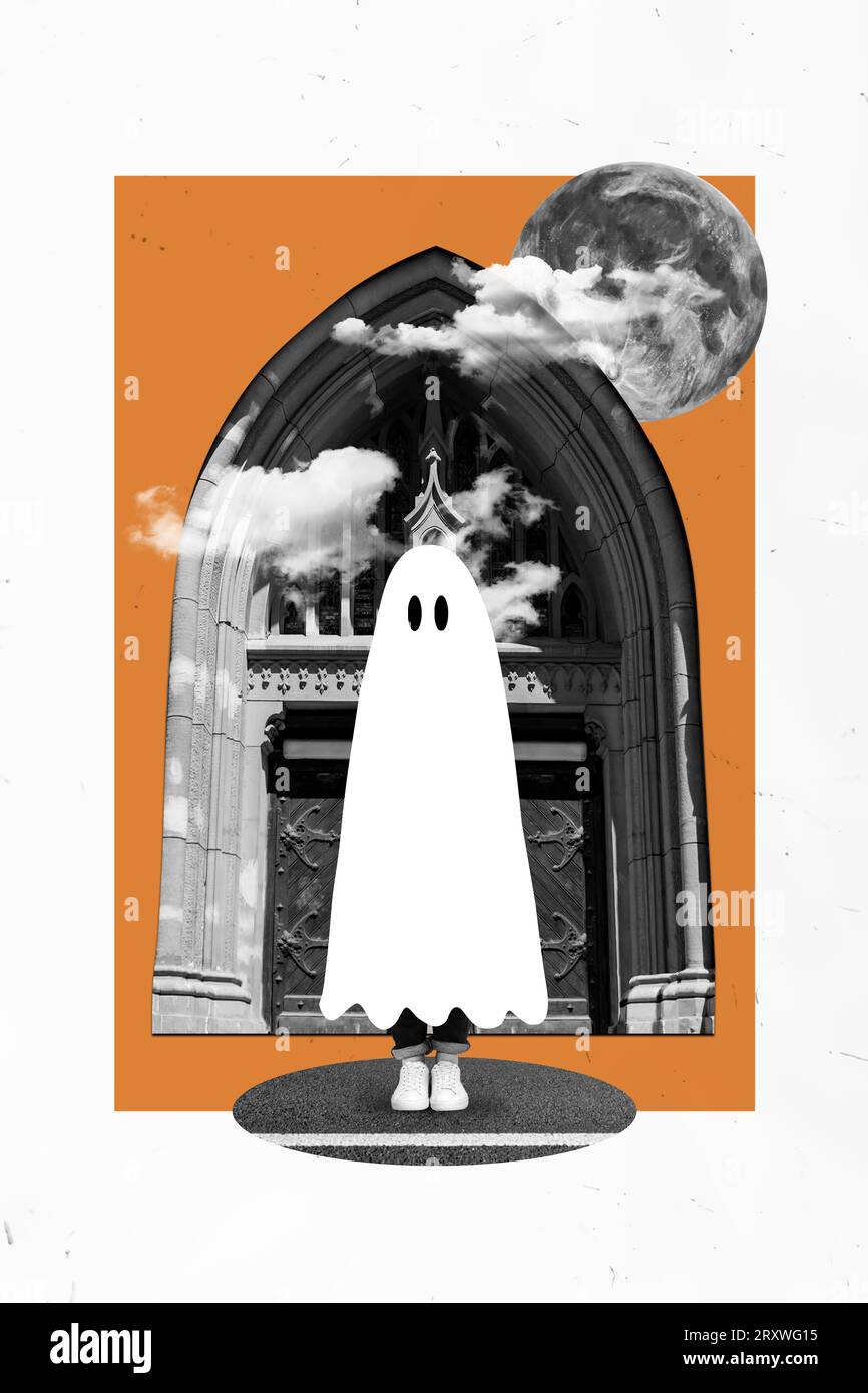 Vertical composite creative illustration photo collage of funny ghost ...