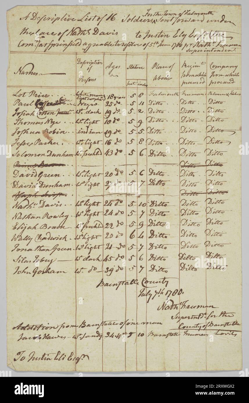 Muster roll of sixteen soldiers from Falmouth June 15, 1780 Stock Photo ...