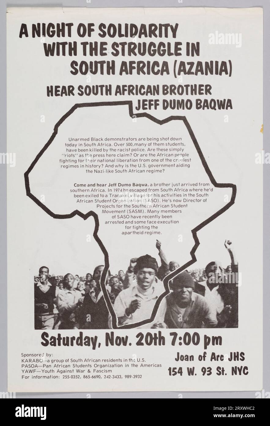 Flyer announcing a night of solidarity with South African liberation ...