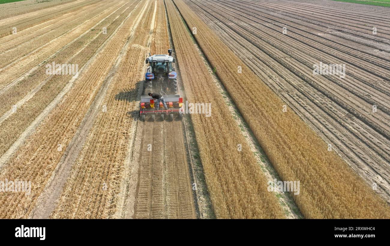 Luannan County, China - June 15, 2022: Farmers use seeders to plant ...