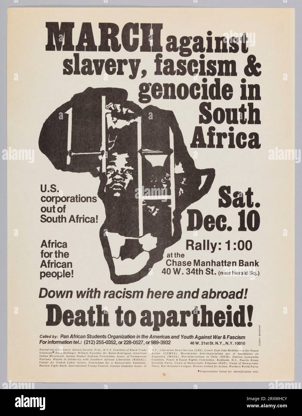 Flyer announcing a protest against apartheid in South Africa 1977 Stock ...
