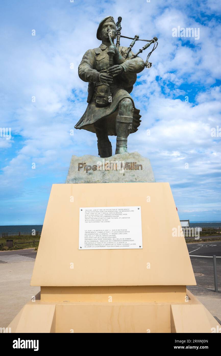 Statue and memorial for Piper Bill Millin. At Sword beach, normandy ...