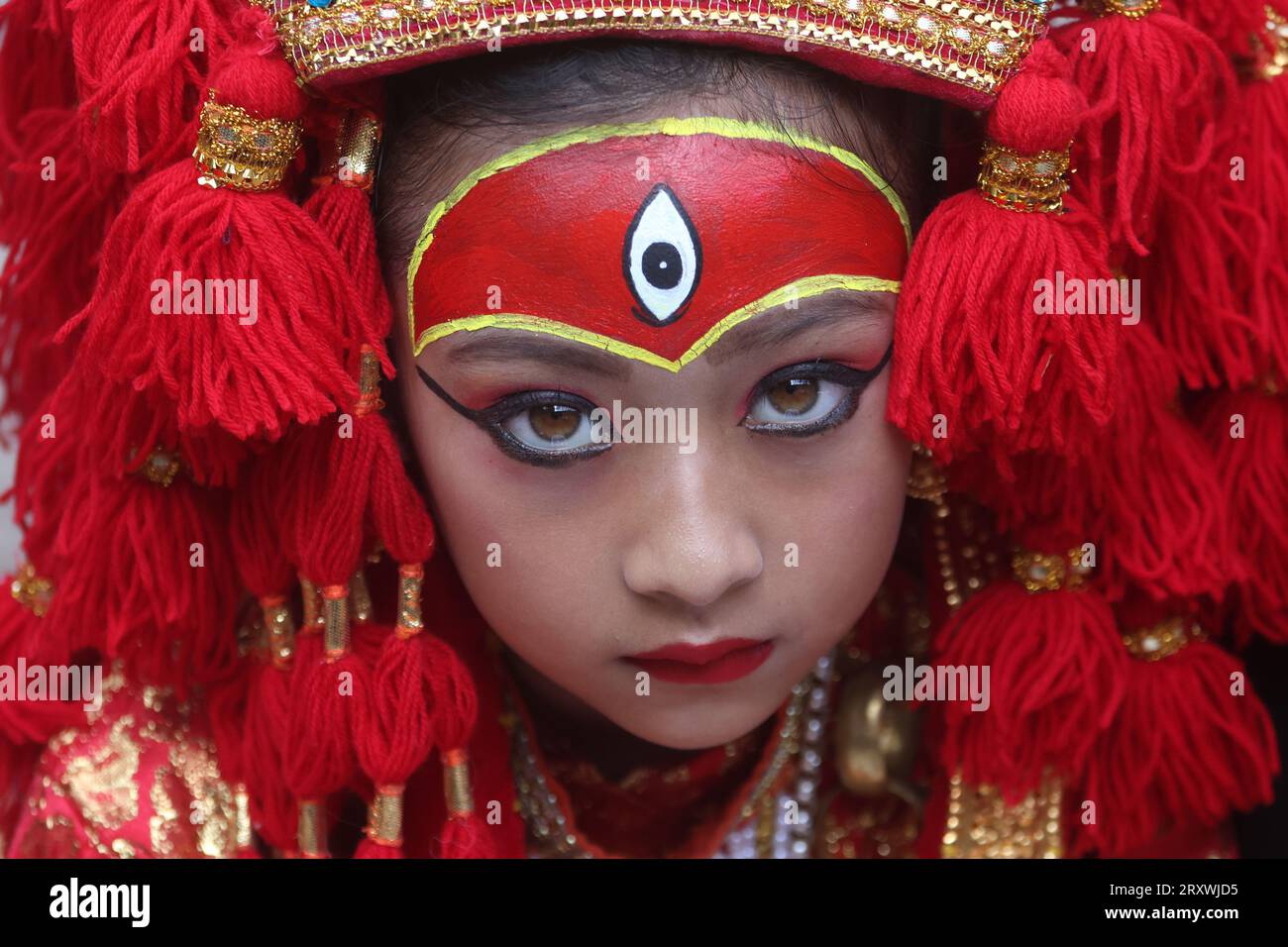 September 27, 2023, Kathmandu, Nepal: Nepali girls, dressed as the ...