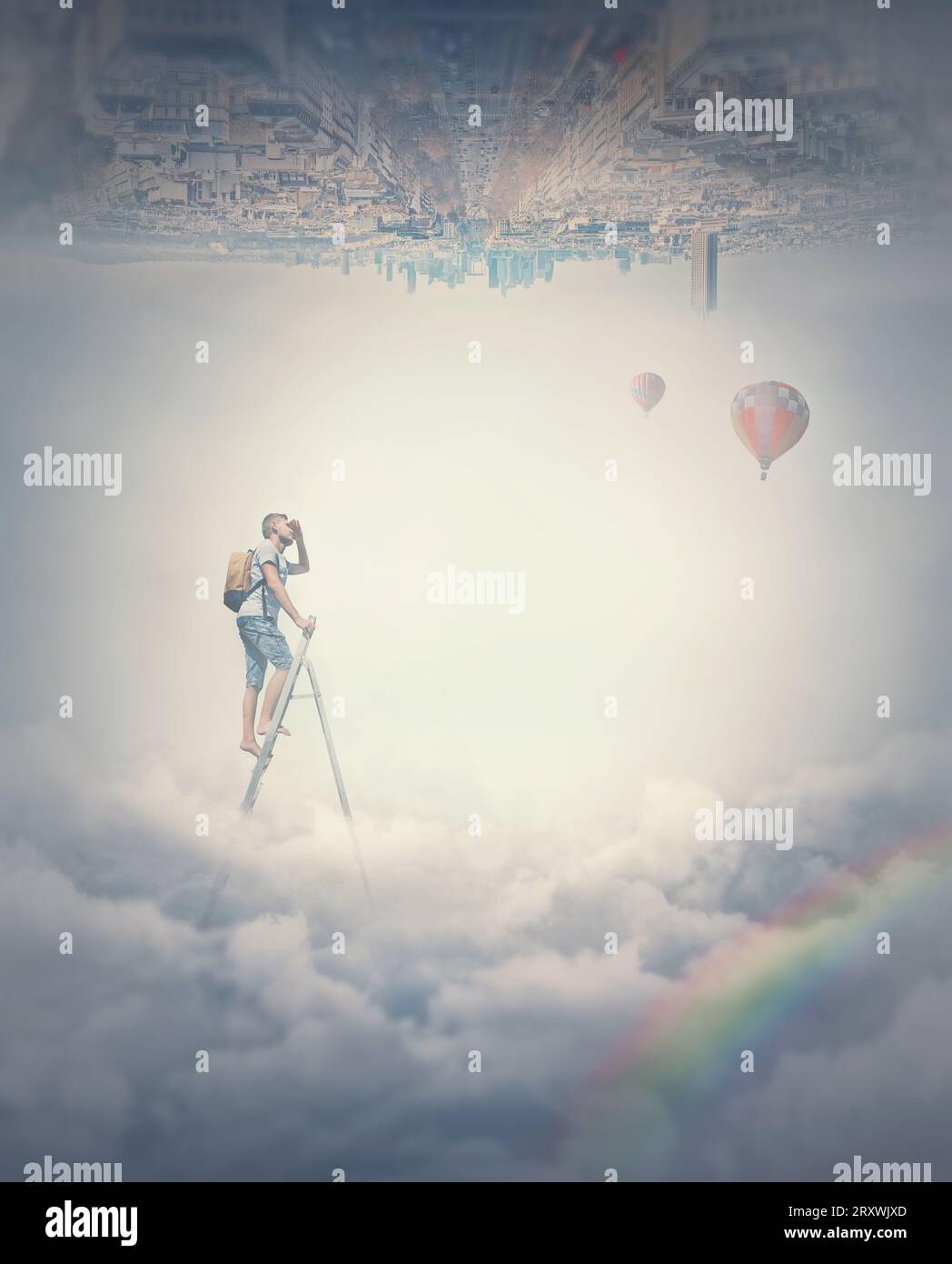 Surreal scene with a man climbing a ladder above the clouds. Wonderful ...