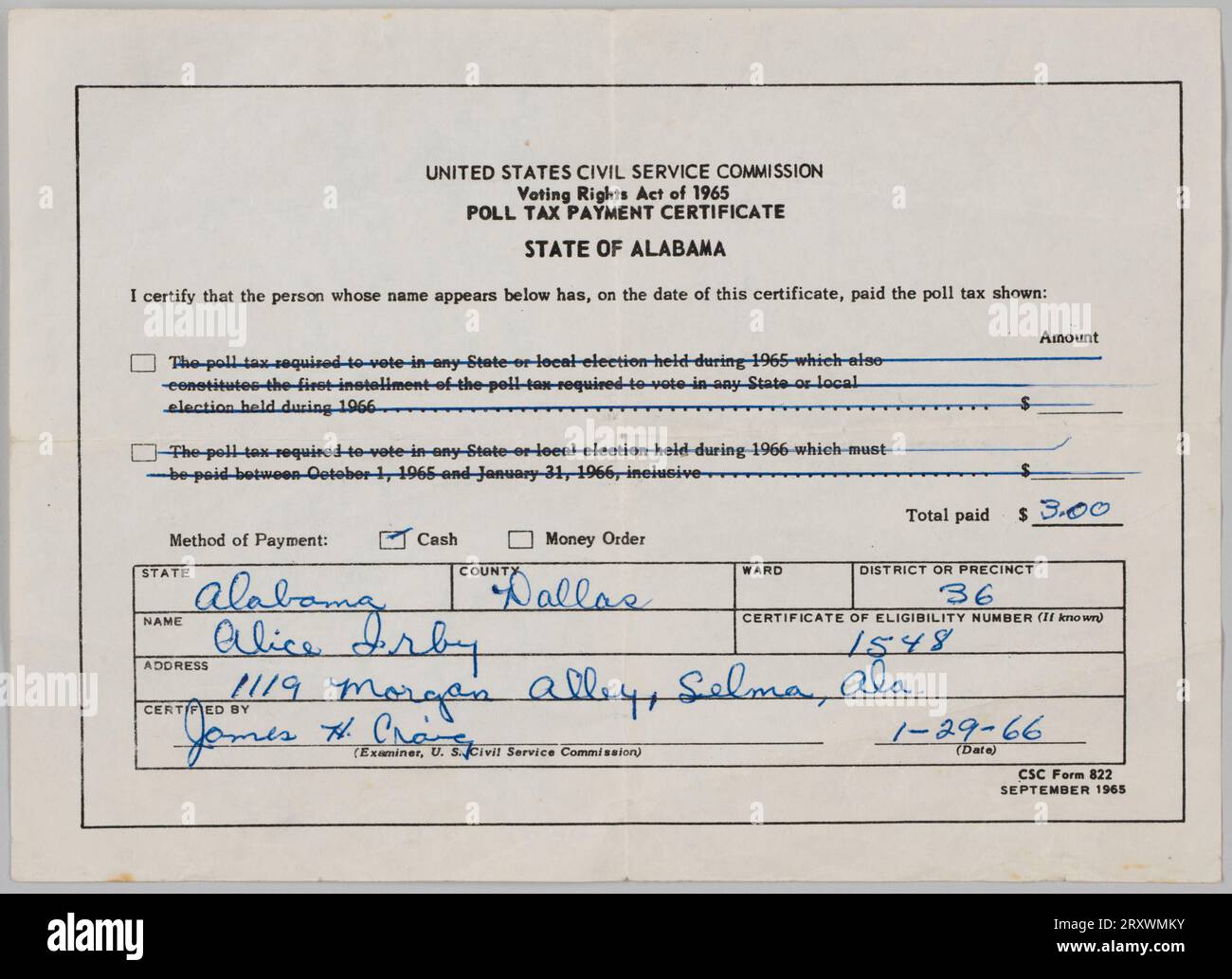 Poll Tax Payment Certificate from the state of Alabama January 29, 1966 ...
