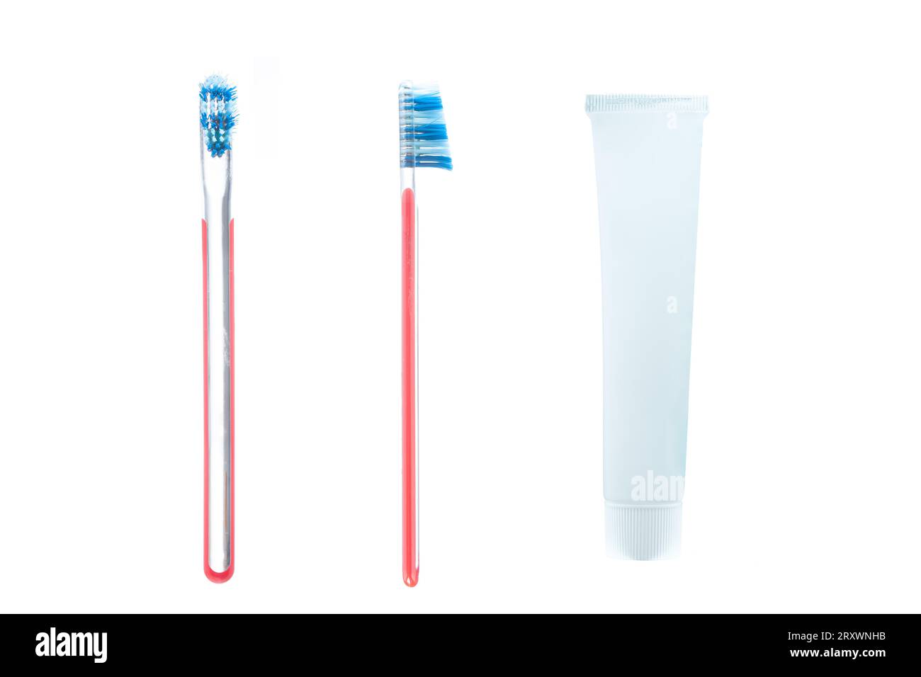 toothbrush and tube of toothpaste isolated on white background Stock ...