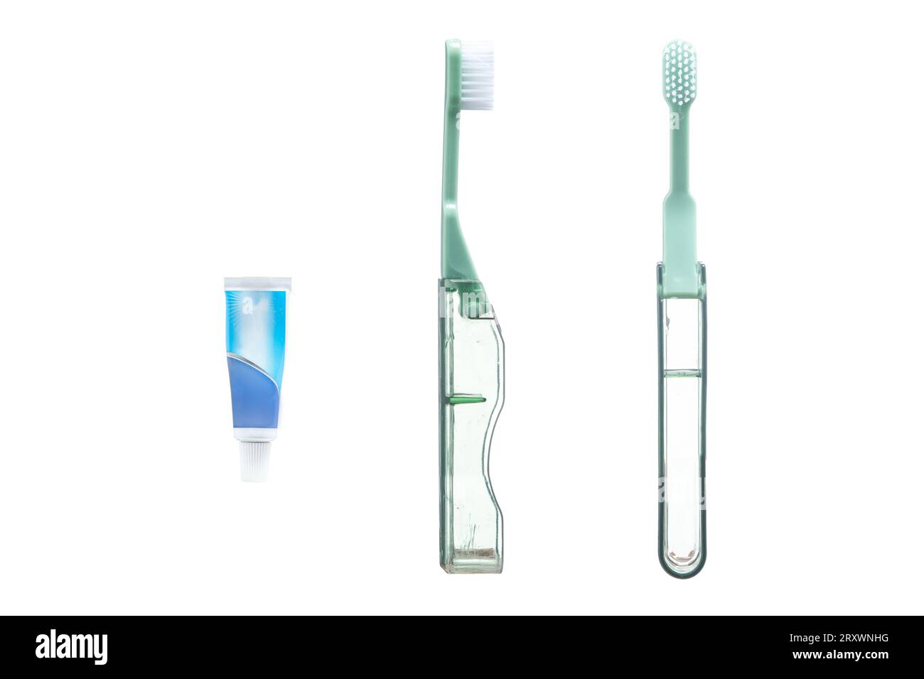 Portable travel toothbrush and toothpaste tube isolated on white ...