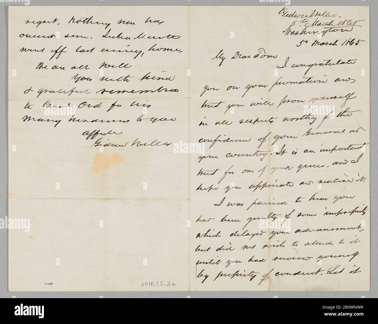 Letter from Secretary Gideon Welles to his son Thomas March 5, 1865 ...