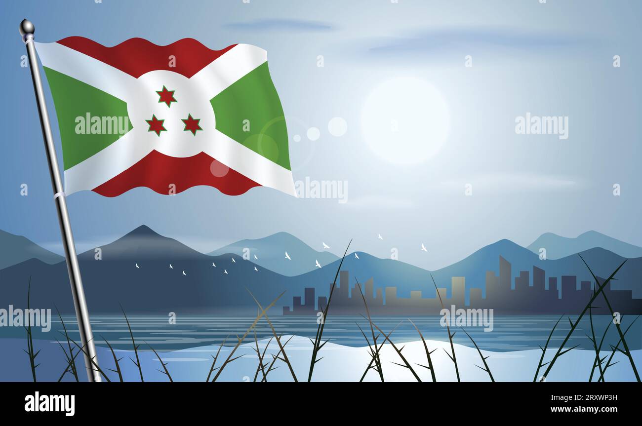 Burundi flag with sun background of mountains and lakes Stock Vector ...